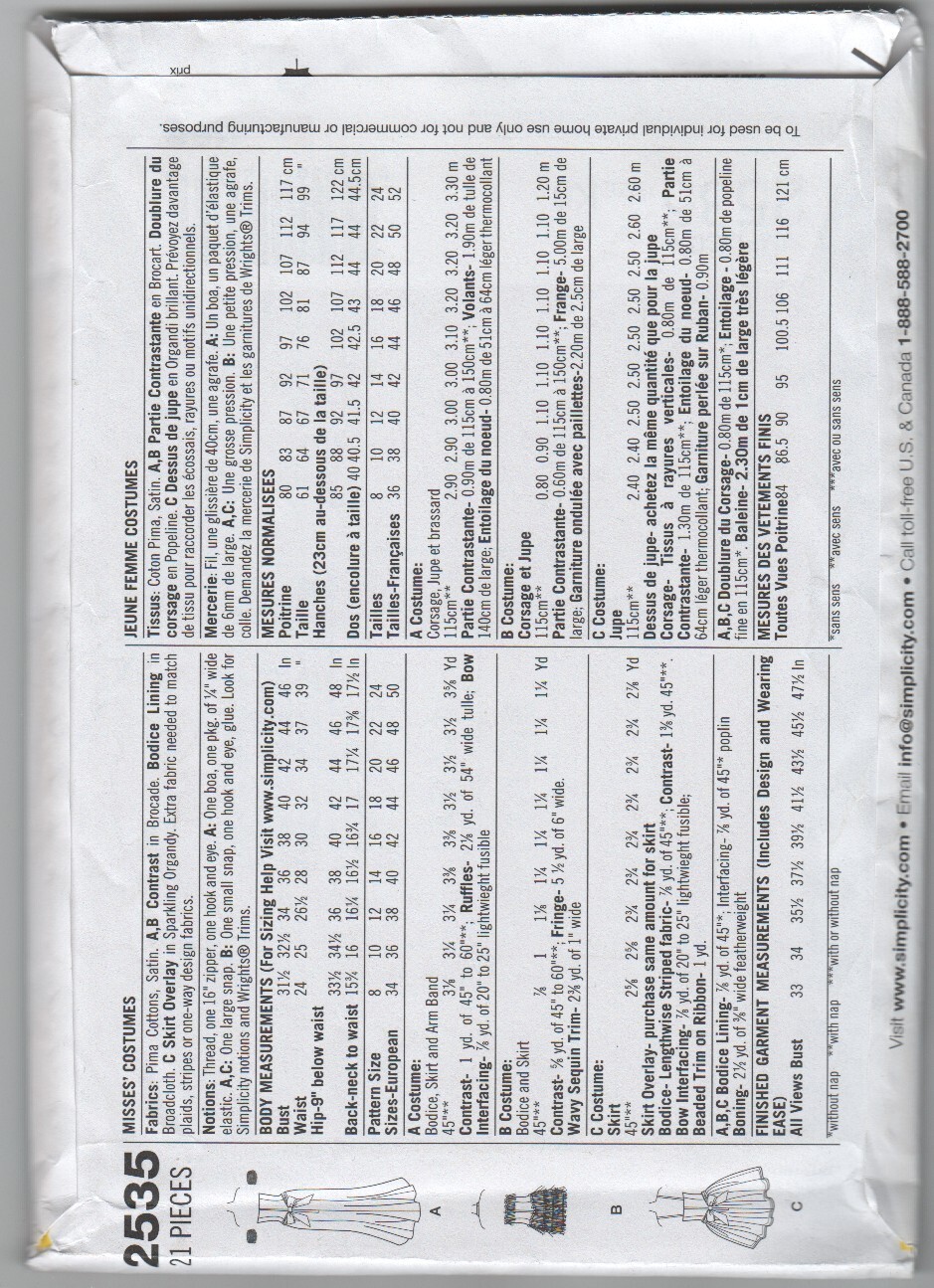 2535 Simplicity Pattern Costume Saloon Burlesque Dancer Dress Cabaret ...