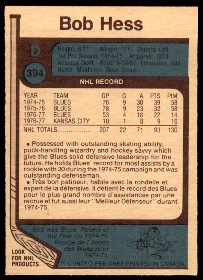 1977-78 O-Pee-Chee NM-MT Bob Hess #394 | eBay
