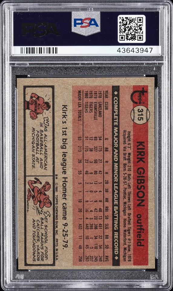 1981 TOPPS #315 KIRK GIBSON ROOKIE RC PSA 5 | eBay