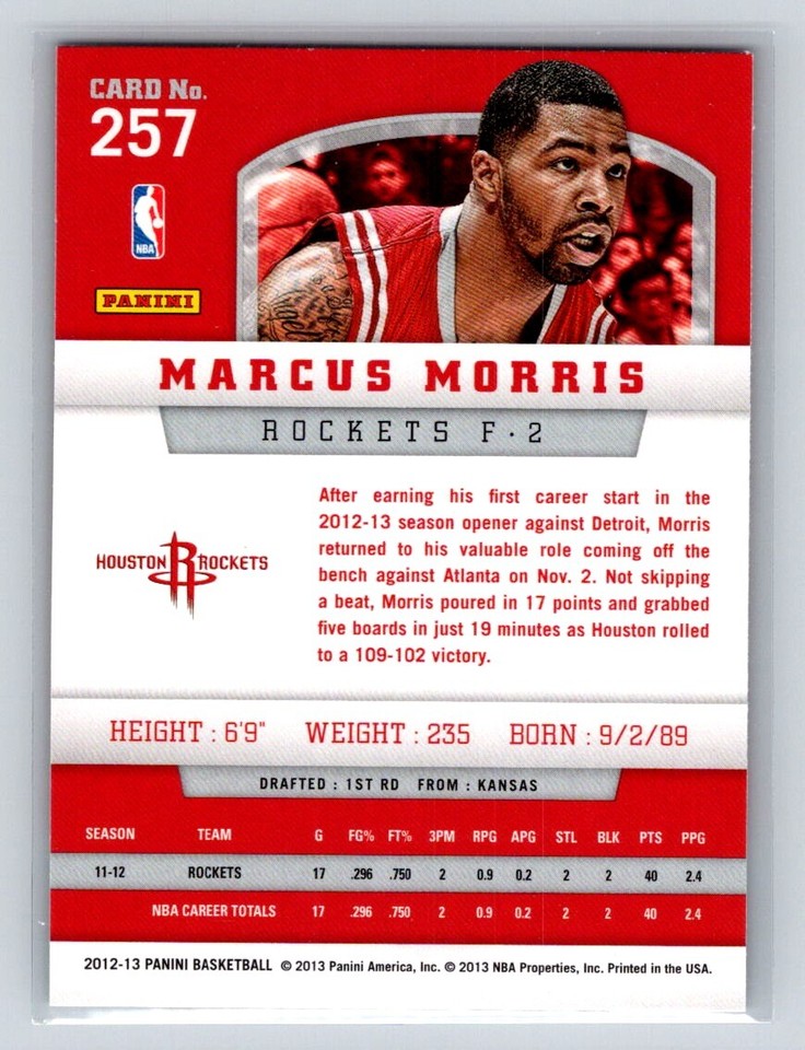 2012 Panini #257 Marcus Morris RC Houston Rockets | eBay