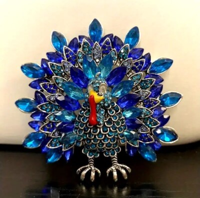 Sparkling Gorgeous Rhinestone Turkey Brooch Pin Perfect Blue ...