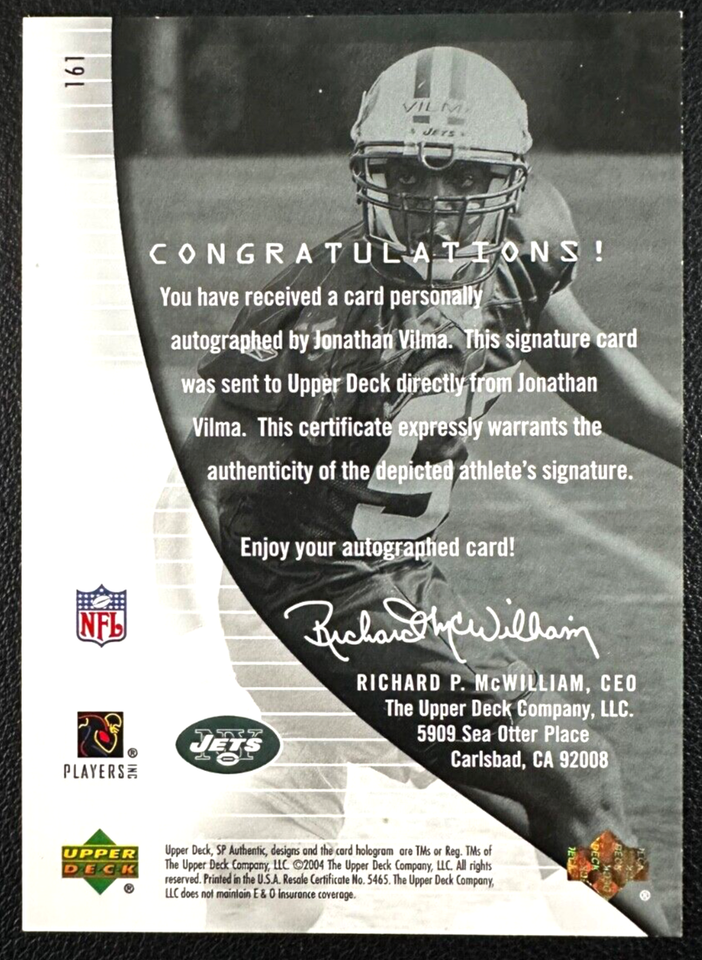 JONATHAN VILMA 2004 SP Authentic Rookie Signatures Autograph RC 749/990 ...