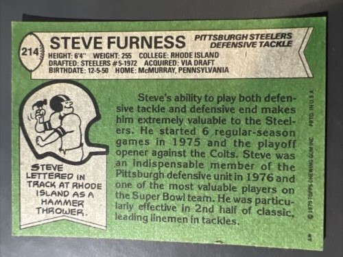 1978 Topps #214 - Steve Furness - Pittsburgh Steelers! Excellent ...