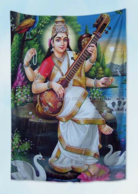 Saraswati Hindu goddess of knowledge wisdom learning tapestry cloth ...