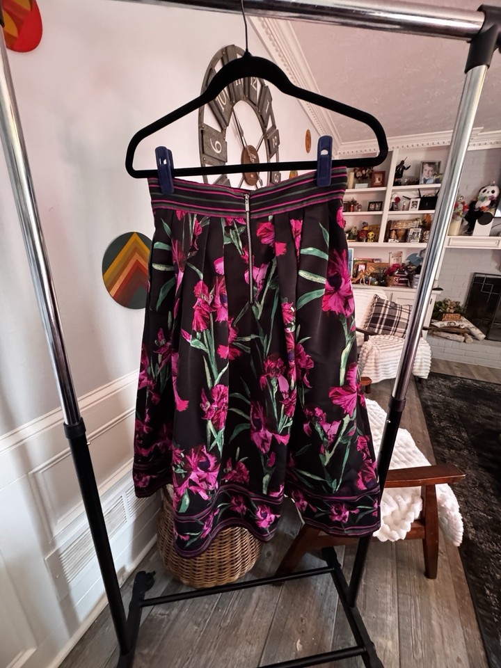 Eva Mendes for NY&Co Black Pink Floral Midi A-Line Skirt Size 2 Back ...