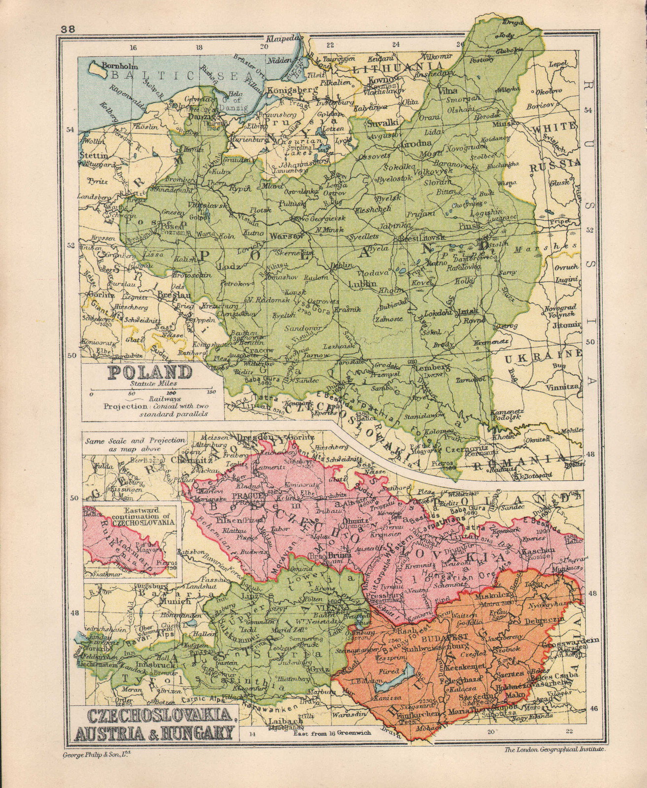 1934 MAP ~ POLAND ~ CZECHOSLOVAKIA AUSTRAI & HUNGARY BUDAPEST PRAGUE ...