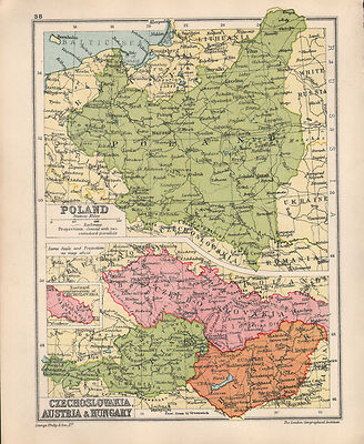 1934 MAP ~ POLAND ~ CZECHOSLOVAKIA AUSTRAI & HUNGARY BUDAPEST PRAGUE ...