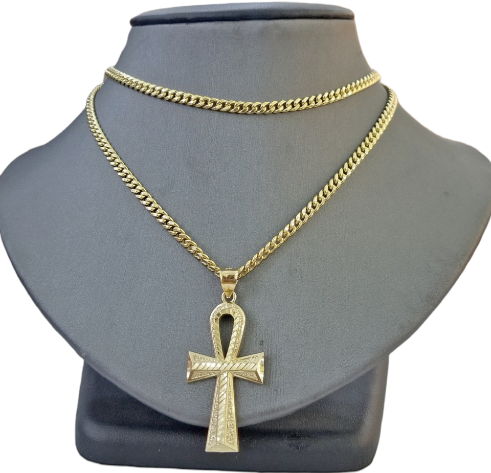 Real 14k Yellow Gold Ankh charm pendant 1.75 Inch Diamond Cuts Charm ...