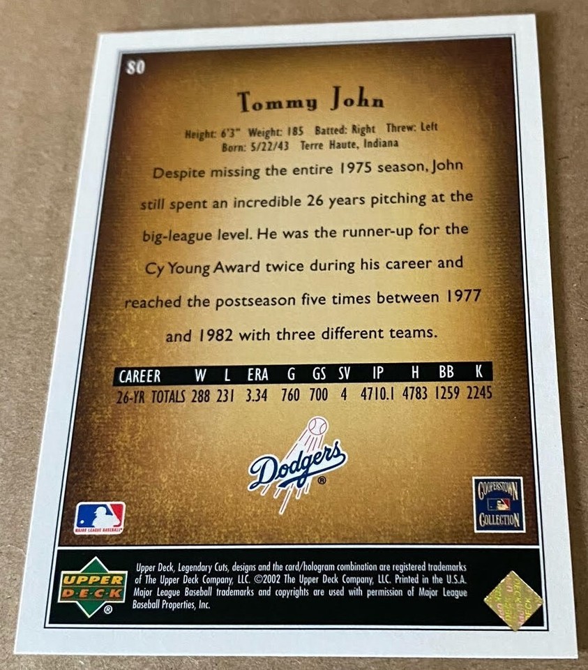 2002 UD SP LEGENDARY CUTS Card #80 TOMMY JOHN NM-MT Condition | eBay