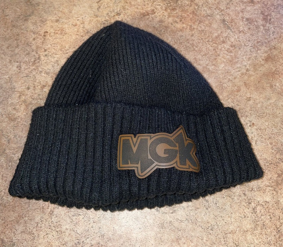 MGK Machine Gun Kelly Hat Beanie Women’s Cap Black Knit Leather Patch ...