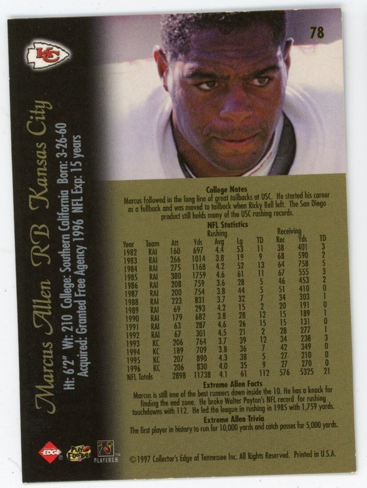 1997 Collector's Edge Extreme Football Card #78 Marcus Allen HOF | eBay