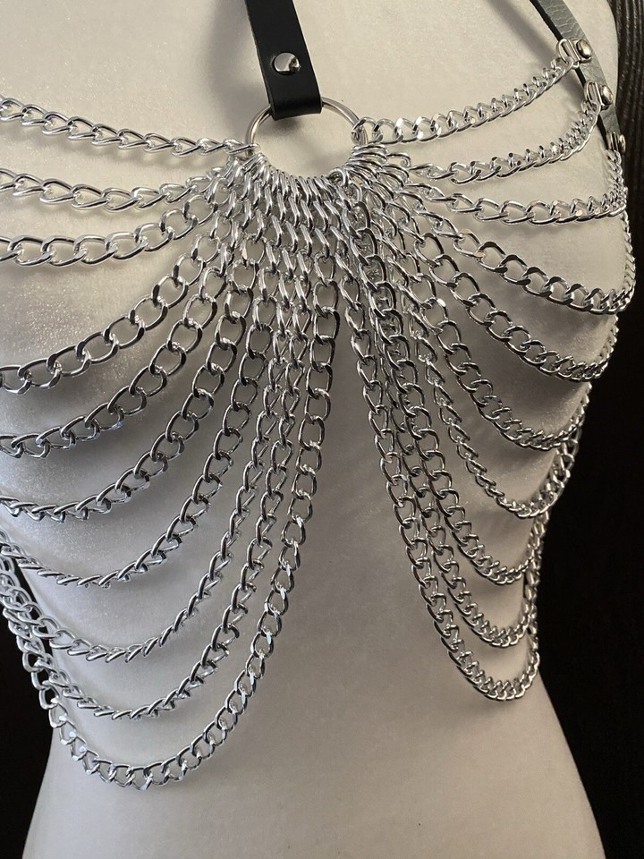 Punk Layered Body Chain Black Leather Bra Caged Harness Choker Bra ...