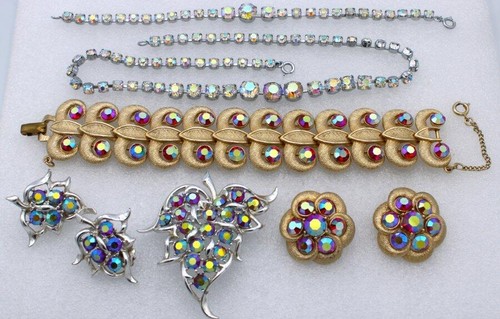 AB RHINESTONE JEWELRY LOT SETS RED BRACELET COLLAR NECKLACE LEAF BROOCH ...