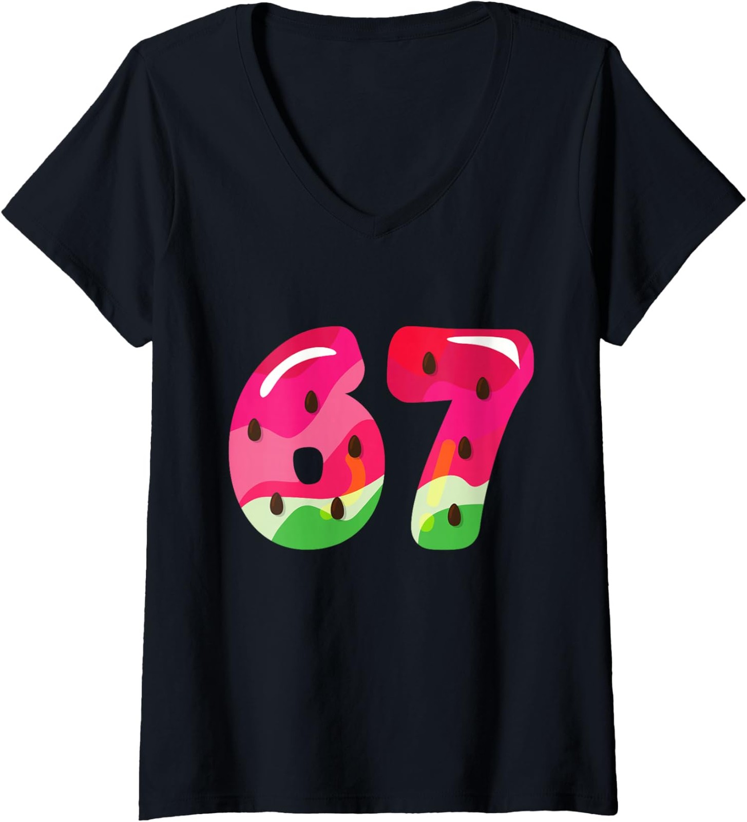 Watermelon 67 Meme Six Seven Slang 67th Birthday Ladies' V-Neck Tshirt ...