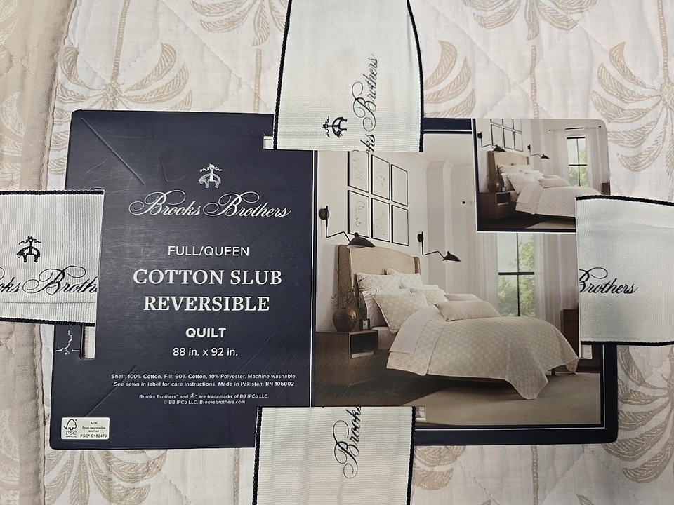 Brooks Brothers Cotton Slub Reversible Queen/Full Quilt 88"x92" Palm ...