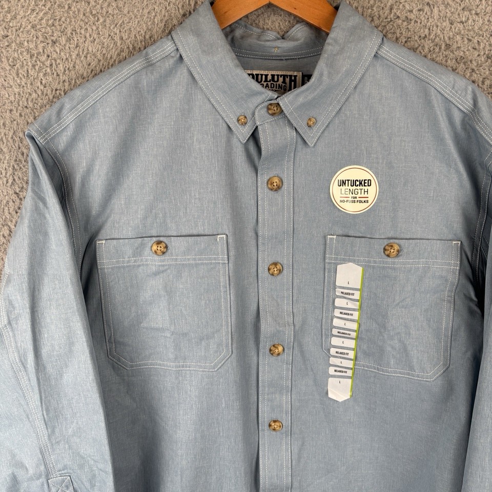NEW Duluth Trading Shirt Mens Large Light Blue Untucked Relaxed Fit ...