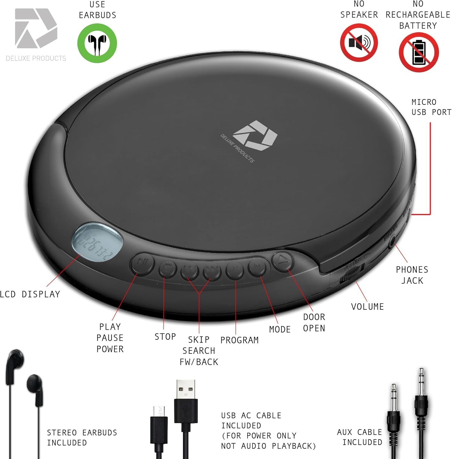Portable CD Player Anti Skip Walkman Stereo Earbuds AUX AC USB Cable ...