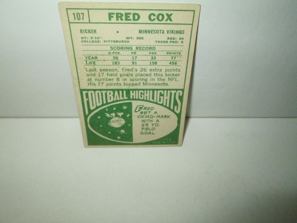 FRED COX 1968 Football Card Topps #107 MINNESOTA VIKINGS Pitt Kicker ...
