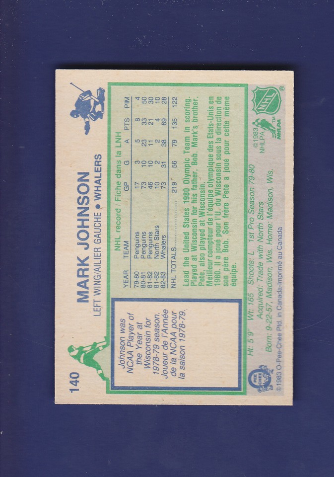 Mark Johnson 1983-84 O-PEE-CHEE OPC Hockey #140 (NM) Hartford Whalers ...