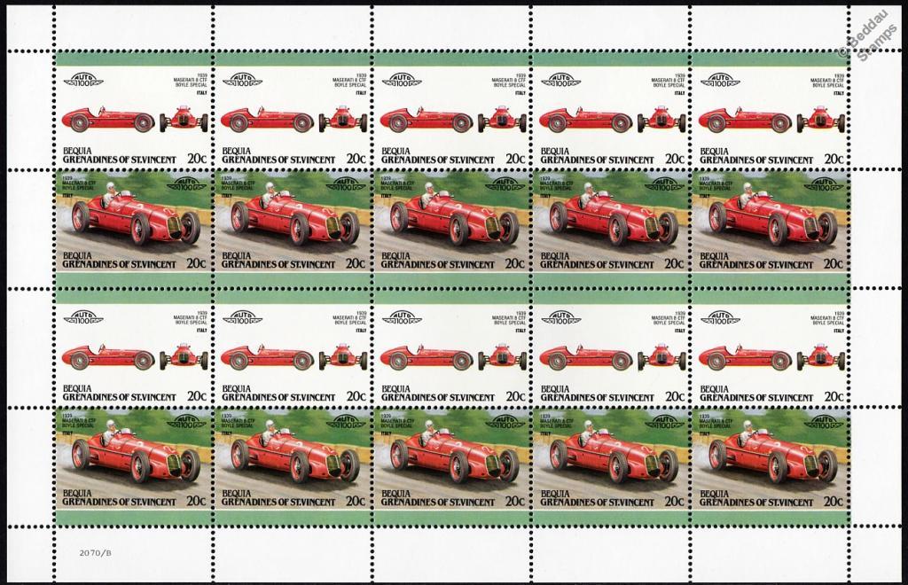 1939 MASERATI 8 CTF BOYLE Race Car 20-Stamp Sheet Auto 100 Leaders of ...