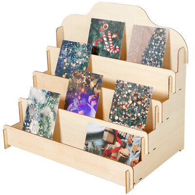 Wooden Card Display Shelf Tiered Greeting Cardboard Sticker Organizer ...