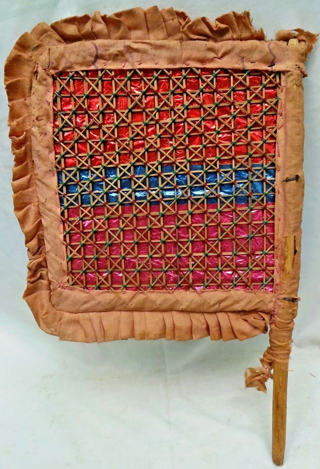 VINTAGE INDIAN HAND FAN HAND WORK DESIGN WITH BAMBOO STICK AND SHINING ...
