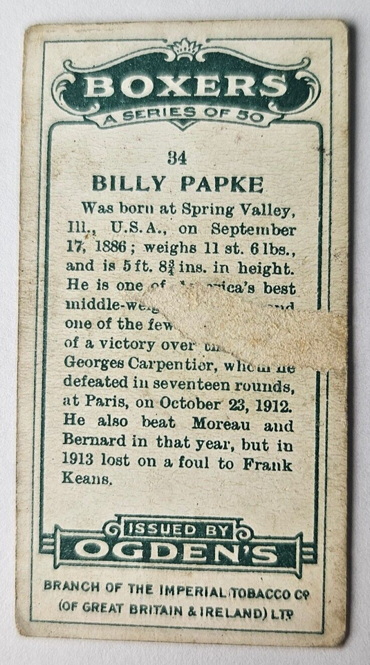 1915 Ogden's Ltd. Boxers #34 Billy Papke HOF | eBay
