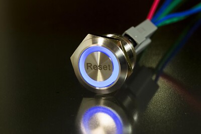LED Resetknopf blau Reset Taster 22 mm Lasergravur: "Reset" Computer ...