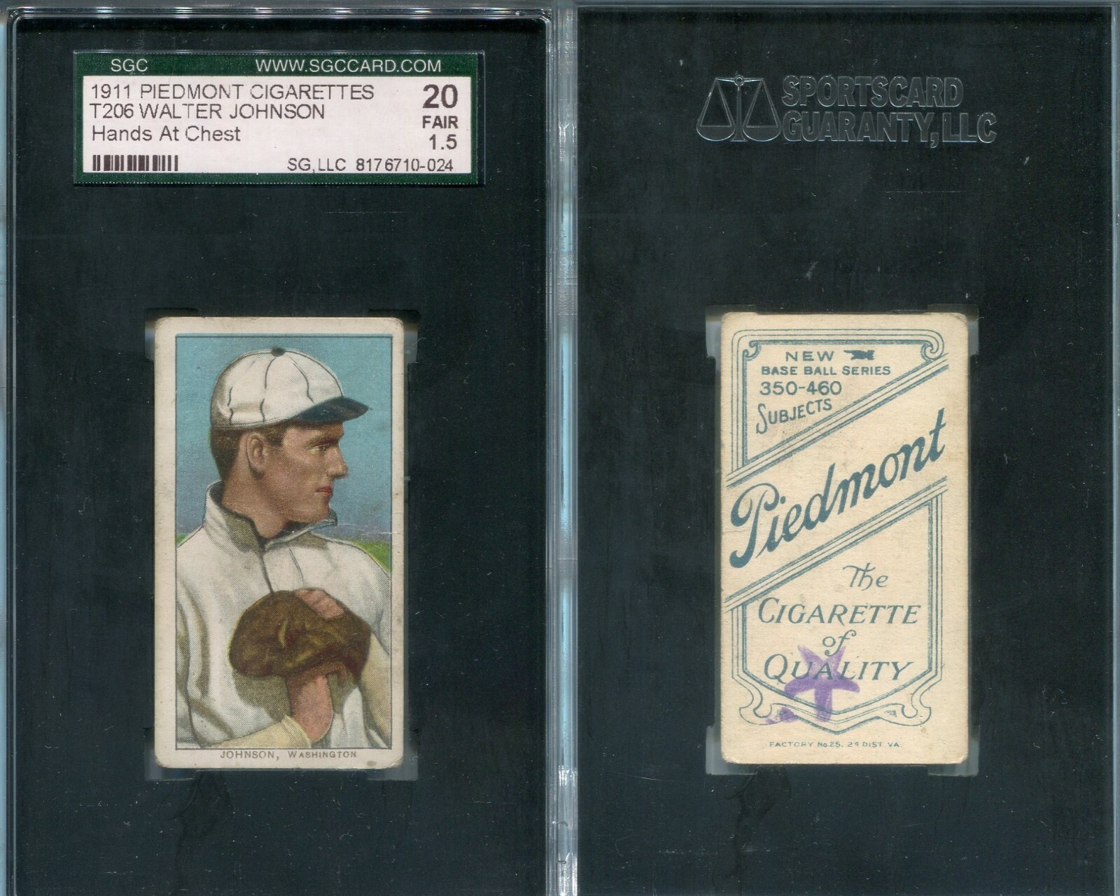 T206 Walter Johnson hands at chest HOF ~~ SGC 20 1.5 ~~ Piedmont 460 ...