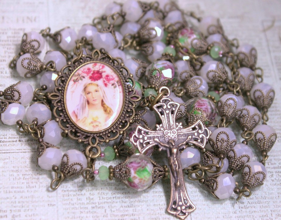 VIRGIN MARY WITH LILLIES CZECH WHITE/ PINK JADE CRYSTALS ANTIQUE BRONZE ...