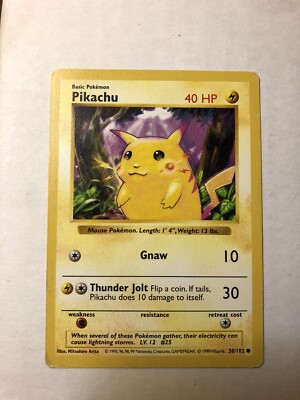 Rare Pokemon Card 1999 SHADOWLESS Base Set Pikachu RED CHEEKS 58/102 OG ...