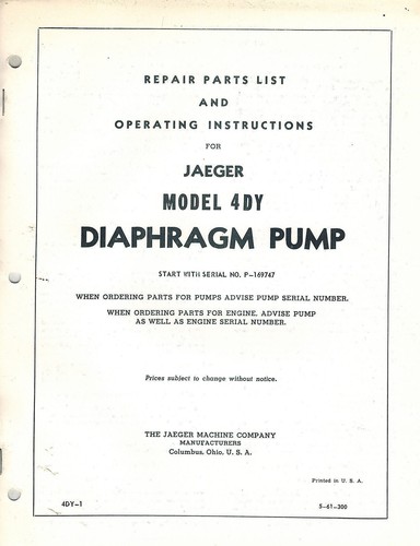 JAEGER 4DY DIAPHRAGM PUMP OPERATOR'S PARTS MANUAL | eBay