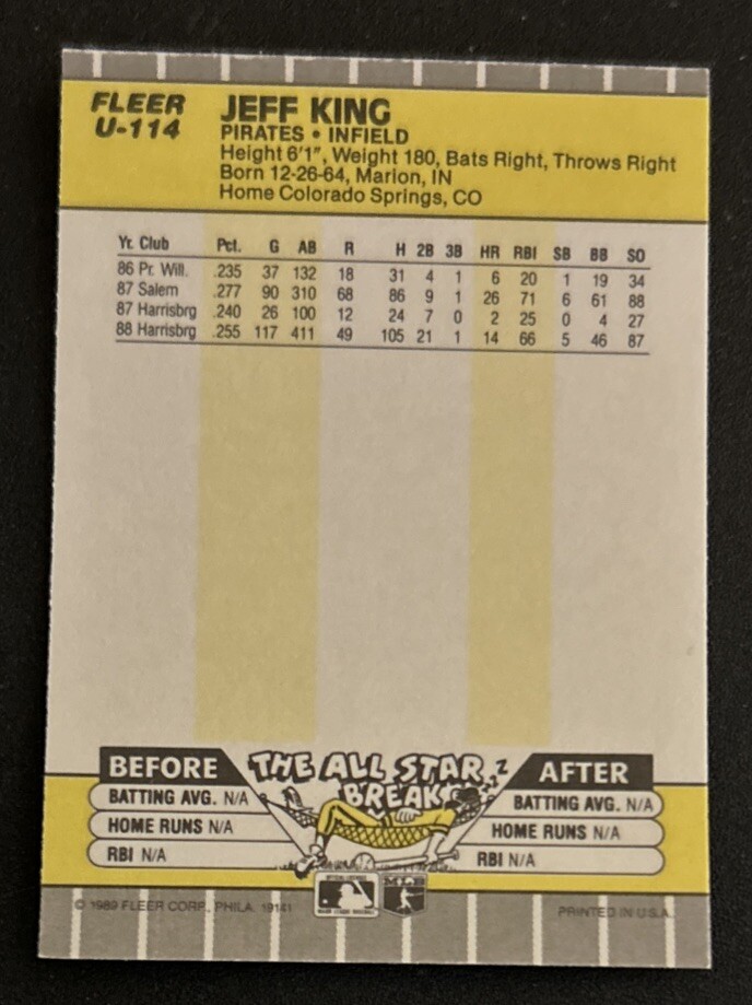 1989 Fleer Update Jeff King Baseball Rookie Card (RC) #U-114 Pirates IF ...
