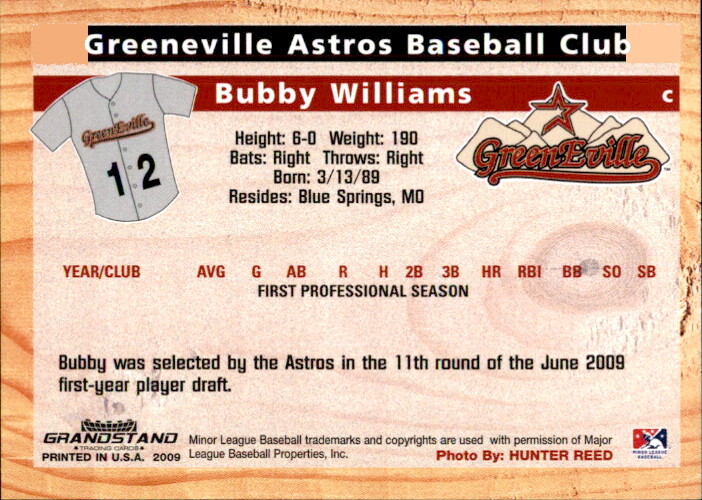 2009 Greeneville Astros Grandstand #37 Bubby Williams Blue Springs ...