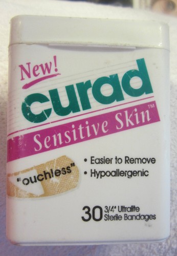1 ad Curad Sensitive Skin Ouchless Bandaids EMPTY Plastic Box ,VTG ...