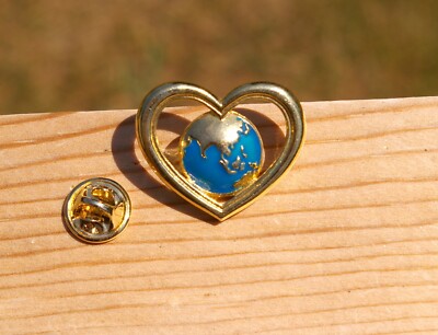 Blue & Gold Tone Metal Heart World Globe Lapel Pin Pinback Brooch Avon ...