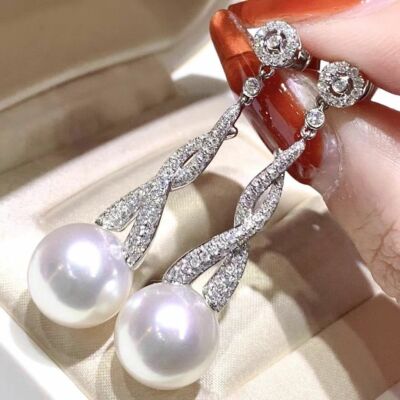 gorgeous 10-11mmm south sea round white pearl dangle earring 925s(mj ...