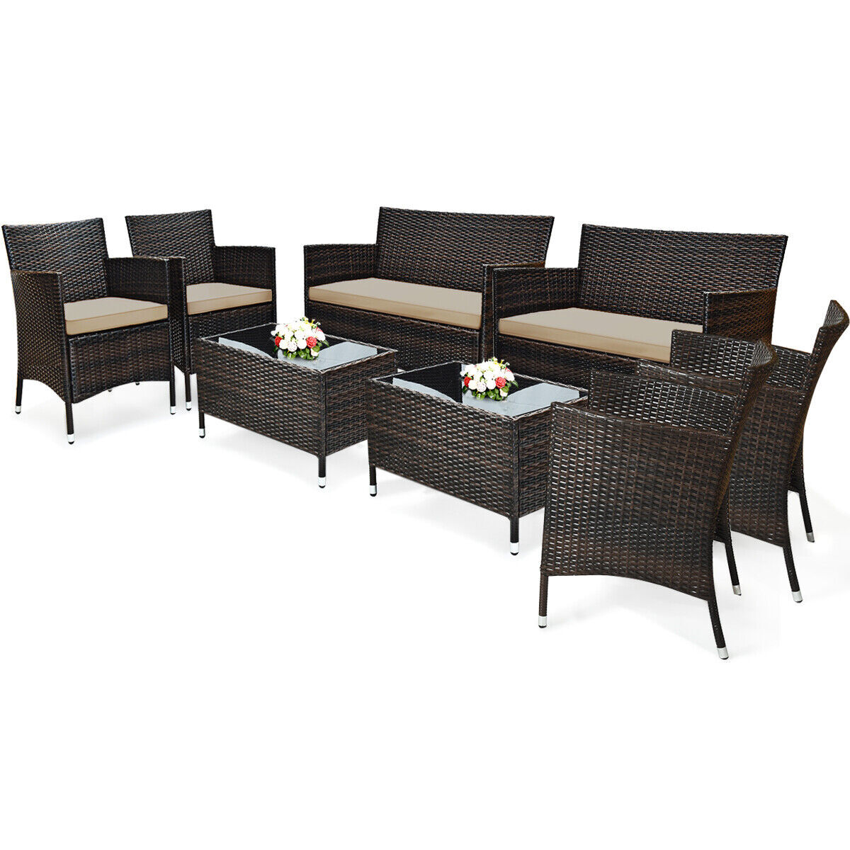 Costway Rattan Patio Furniture Set Cushioned Sofa & Chairs 8Pcs ...