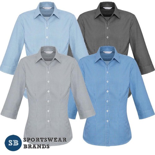 Ladies Ellison 3/4 Sleeve Shirt Corporate Check Top Work Office Womens ...