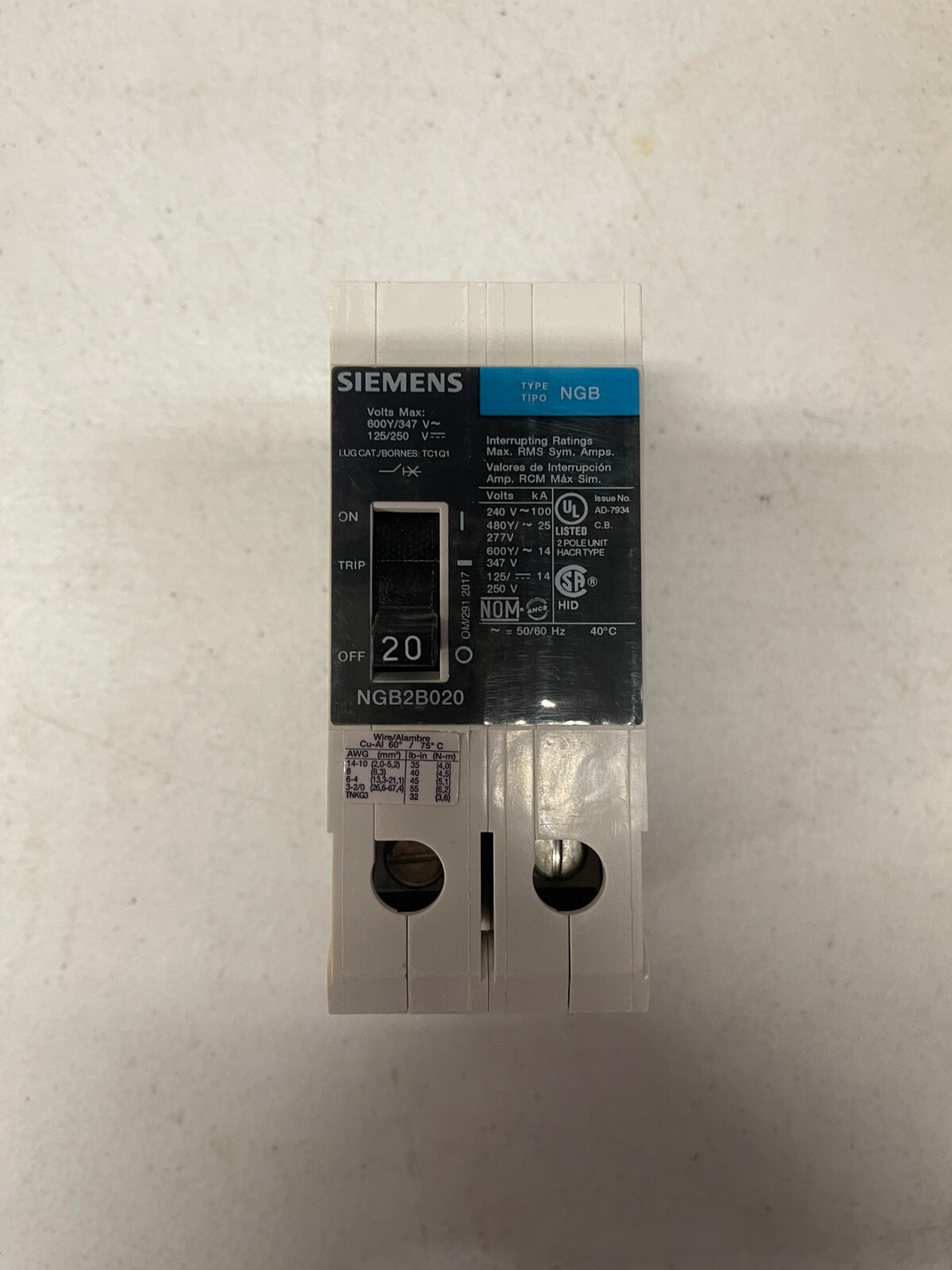 Siemens NGB 2 Pole 20 Amp Circuit Breaker NGB2B020 for sale online | eBay