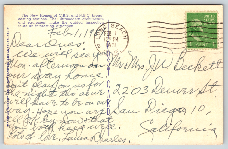 Postcard Studios Of CBS And NBC Radio City Hollywood California CA Cars ...