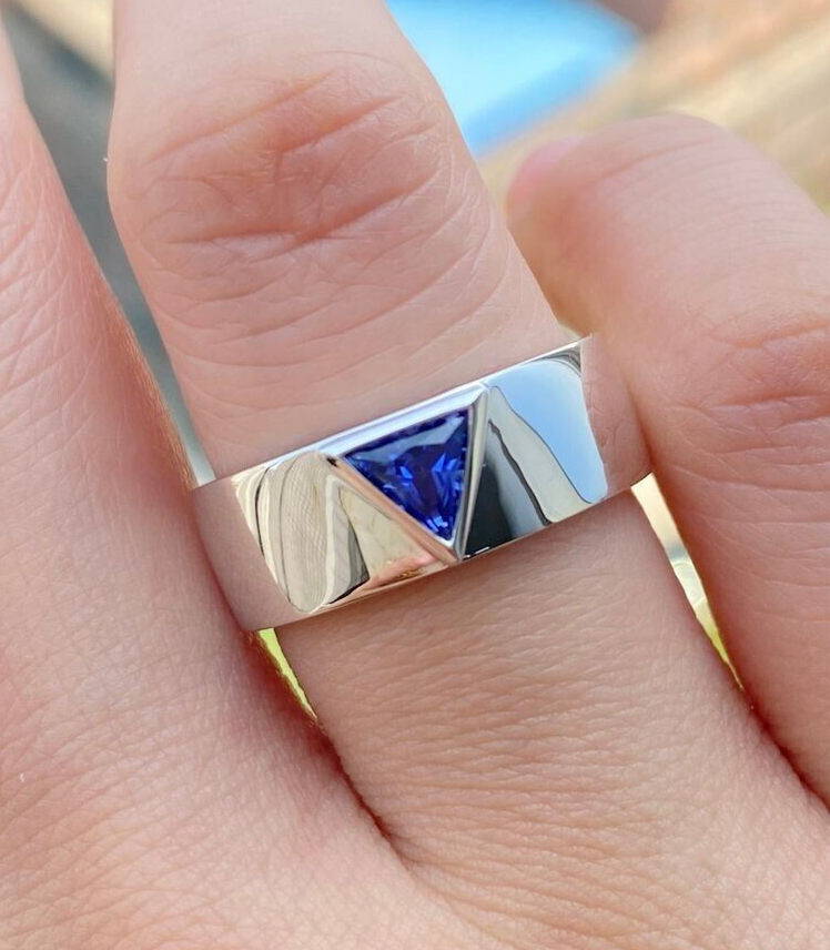 Blue Triangle Cut Cubic Zirconia Bezel Men's 925 Sterling Silver ...