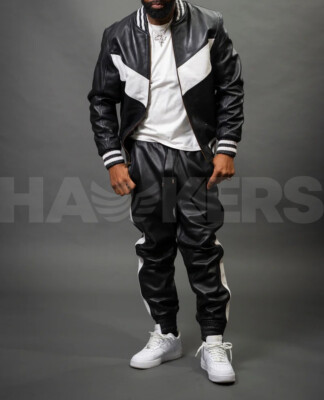 Men's 100% Real Leather Jogging TrackSuit ,Workout Jacket+Pant ,Full ...