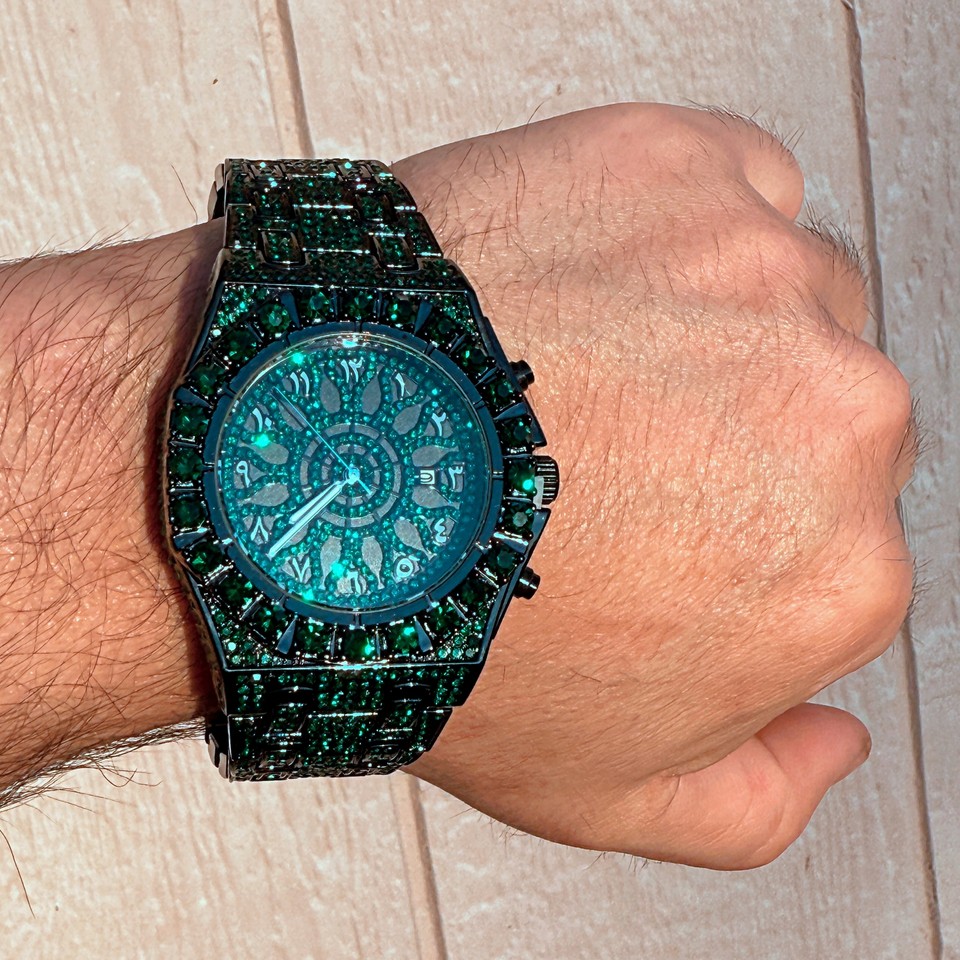 Men's Green Ice Chunky Hip Hop Watch CZ Iced Bling Out Arabic Numerals ...