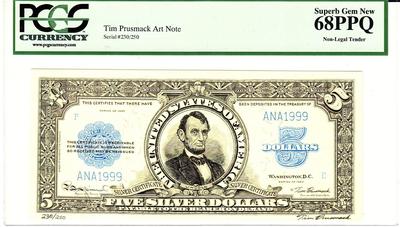 TIM PRUSMACK MONEY ART $5 SILVER CERTIFICATE SUPERB GEM NEW 68-AMAZING ...