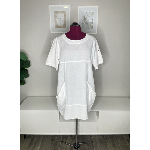 Vasna Dress Women's L White Pockets Roll Tab Sleeves Lagenlook Linen ...