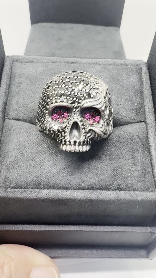 David Yurman Sterling Silver Waves Skull Black Diamond Ring Men's Size ...