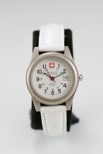 Wenger Watch Ladies Stainless Steel Leather White 50m Battery Date 24hr ...