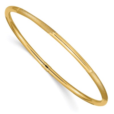 Real 14kt Yellow Gold 3mm Polished and Satin Finish Slip-on Bangle; 8 ...