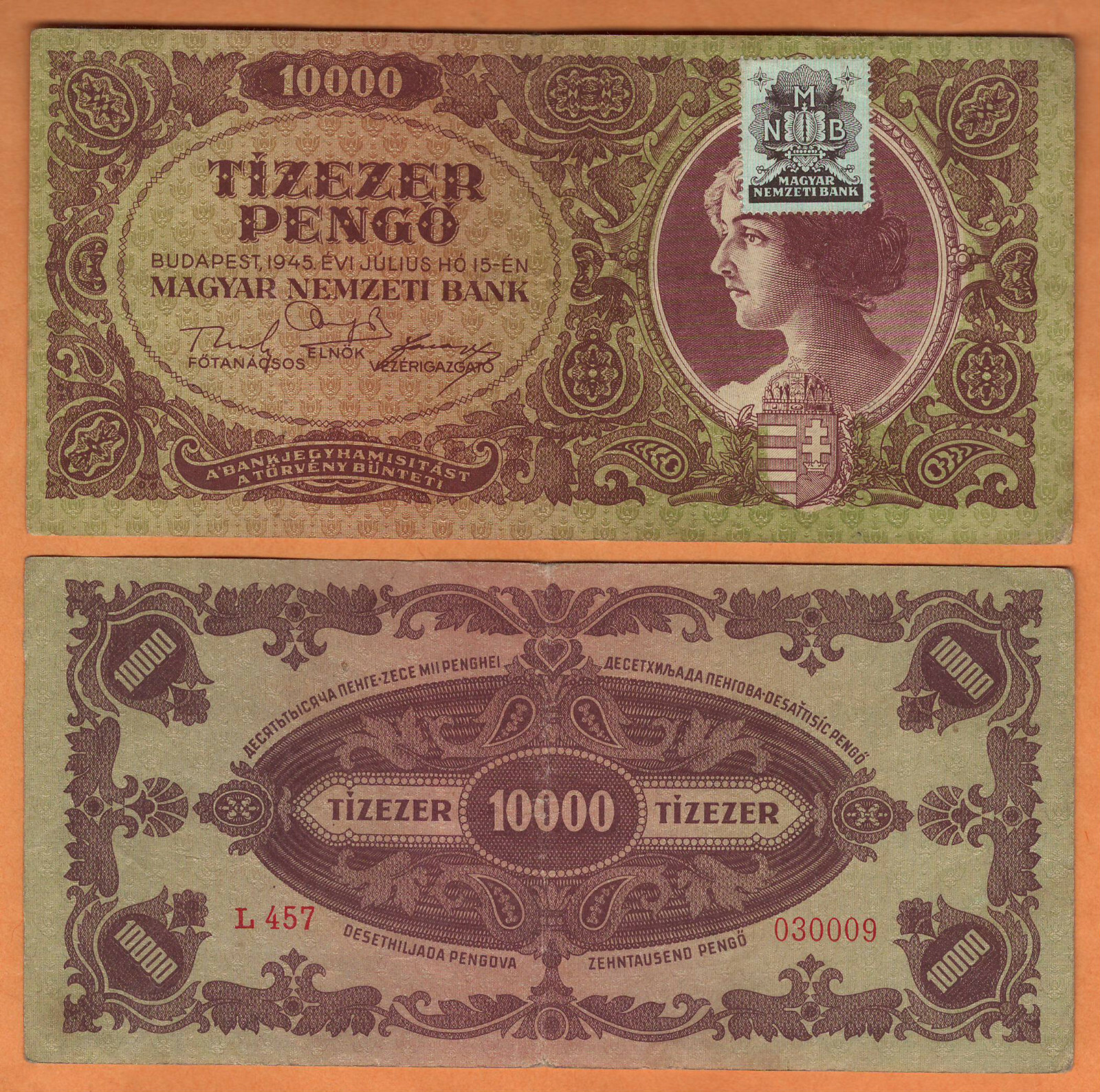 HUNGARY 1945 VF 10.000 Pengo / Pengova / Pengyvov / Pengei Banknote P ...